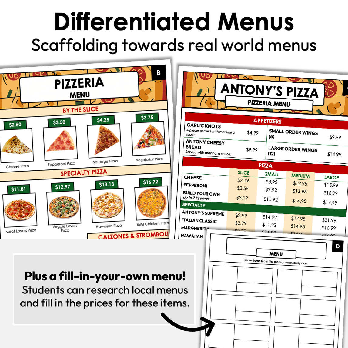 Menu Math Worksheets | Pizzeria | Addition — Autism Grown Up