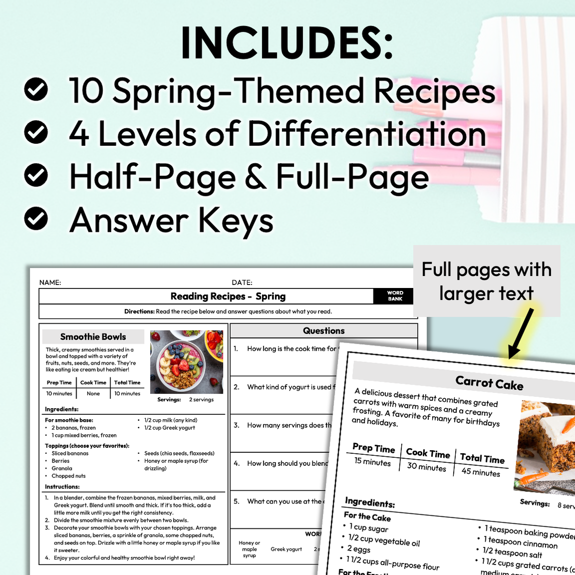 Spring Seasonal Recipes | Life Skills Worksheets for Special Education ...