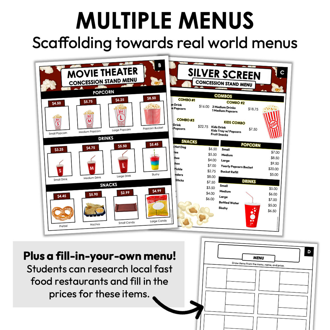 Menu Math Worksheets | Movie Theater Concession Stand | Addition ...
