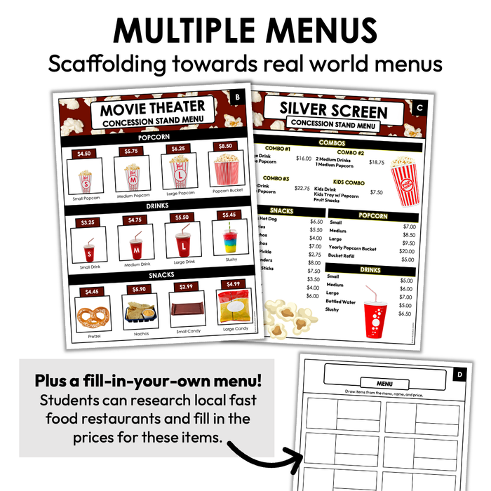 Menu Math Worksheets | Movie Theater Concession Stand | Addition ...