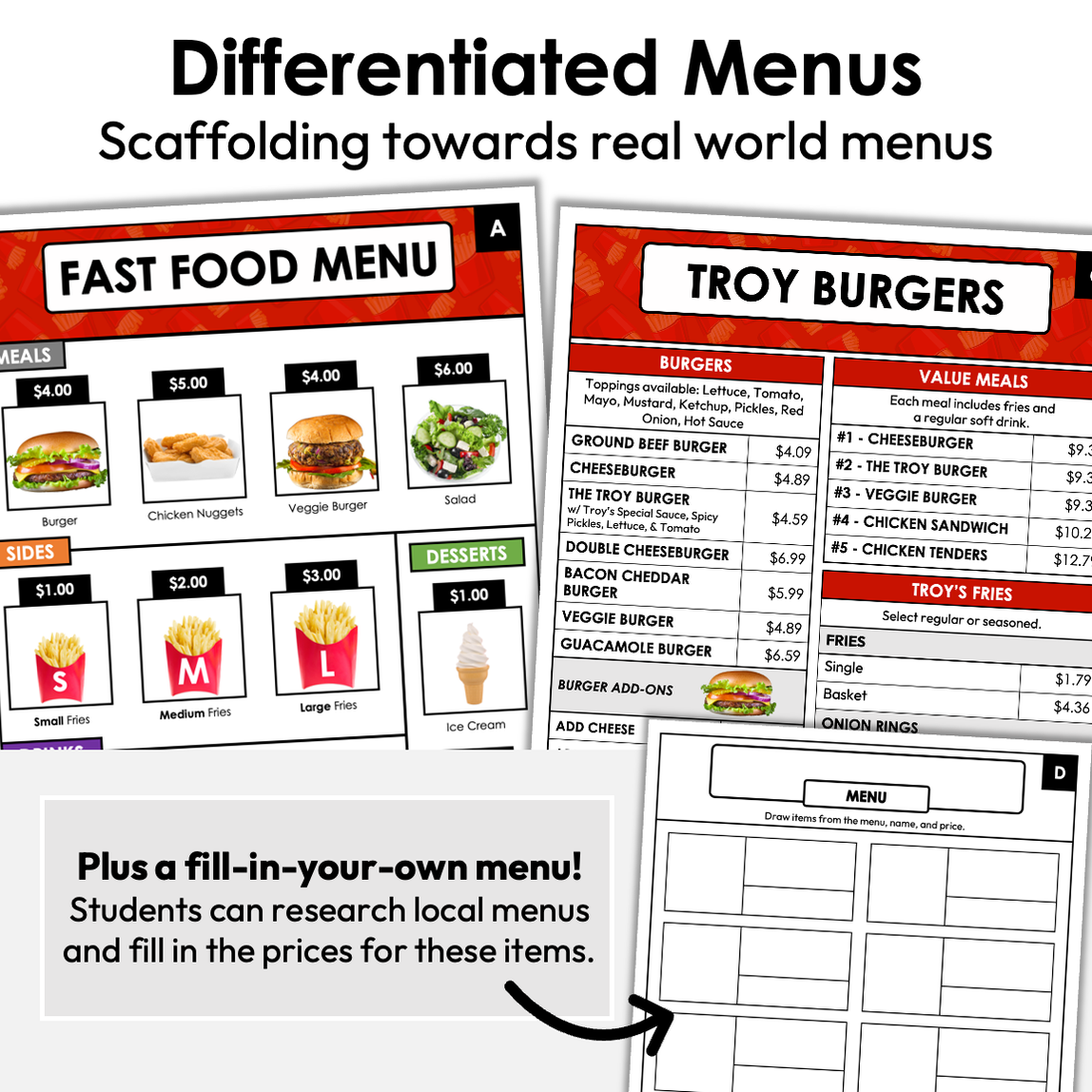 Menu Math Worksheets | Fast Food | Addition — Autism Grown Up