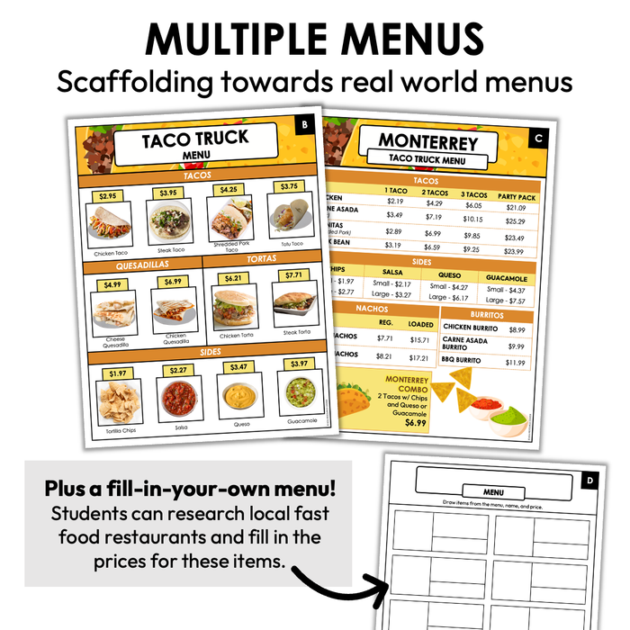 Menu Math Worksheets | Taco Truck | Subtraction — Autism Grown Up