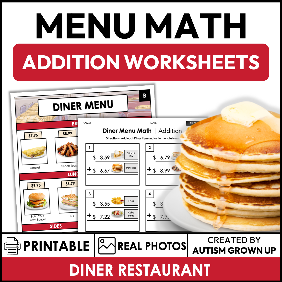 Menu Math Worksheets | Diner | Addition — Autism Grown Up