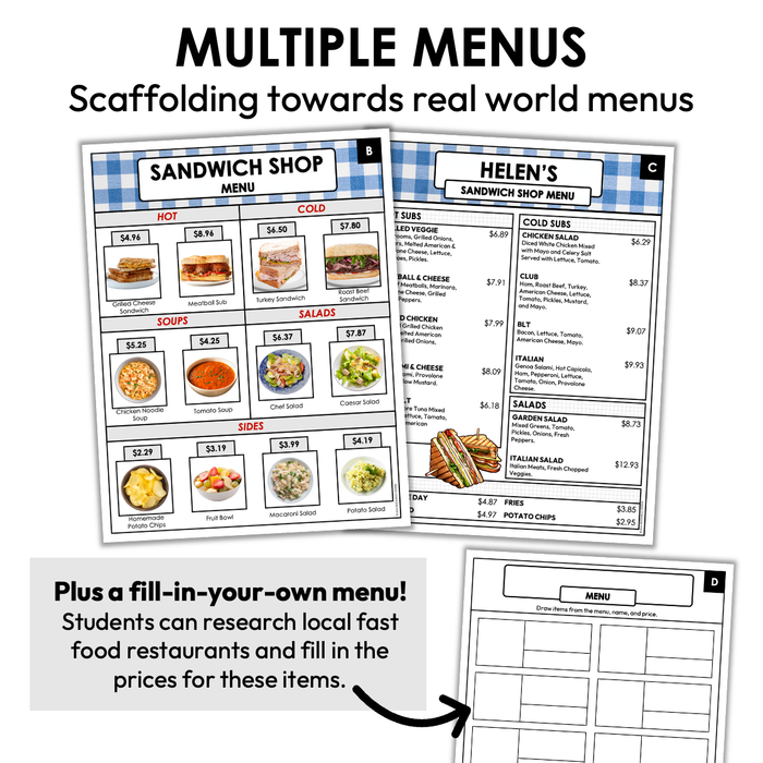 Menu Math Worksheets | Sandwich Shop | Subtraction — Autism Grown Up