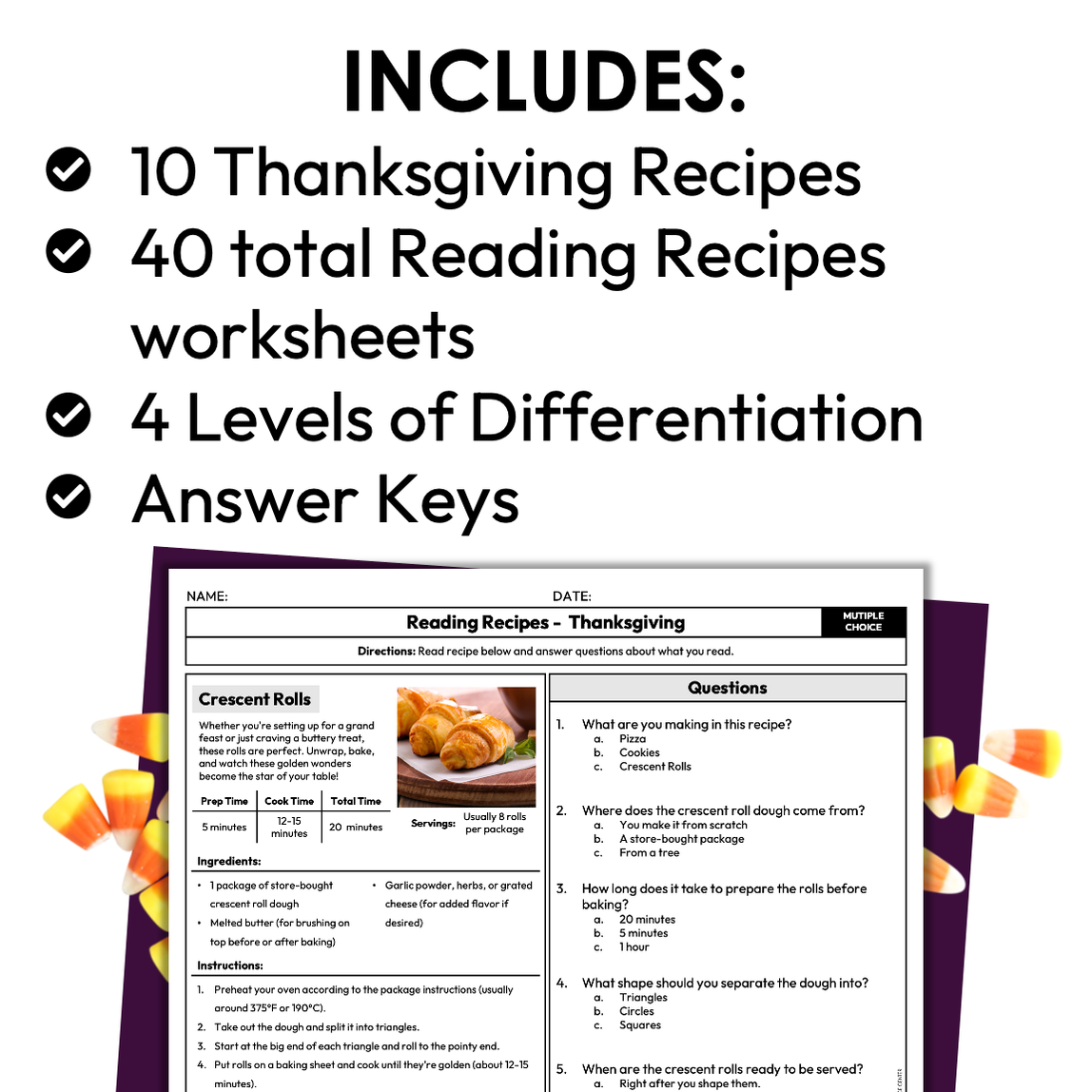Thanksgiving Recipes | Recipe Reading Comprehension | Special Educatio ...