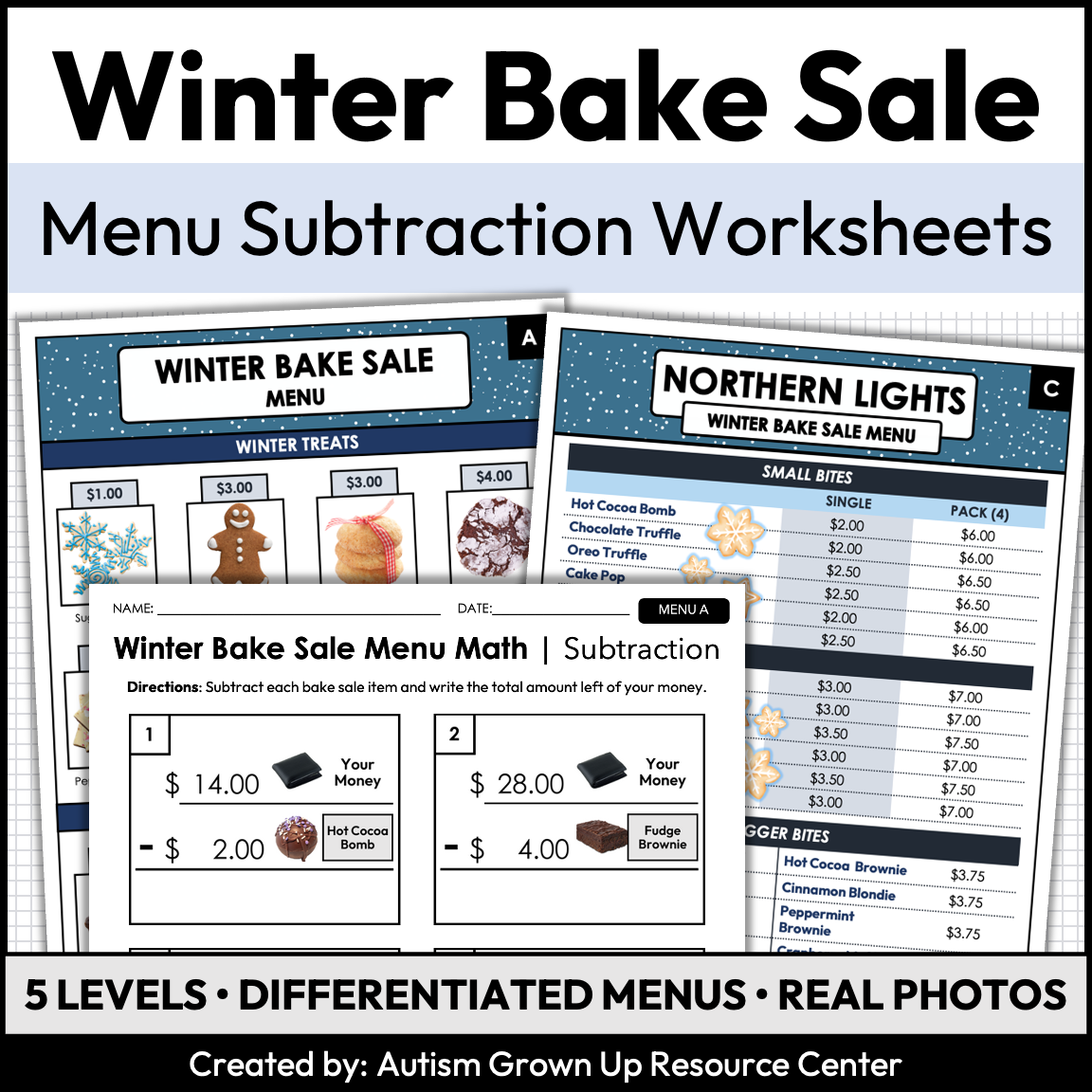 Menu Math Worksheets | Winter Bake Sale | Subtraction — Autism Grown Up