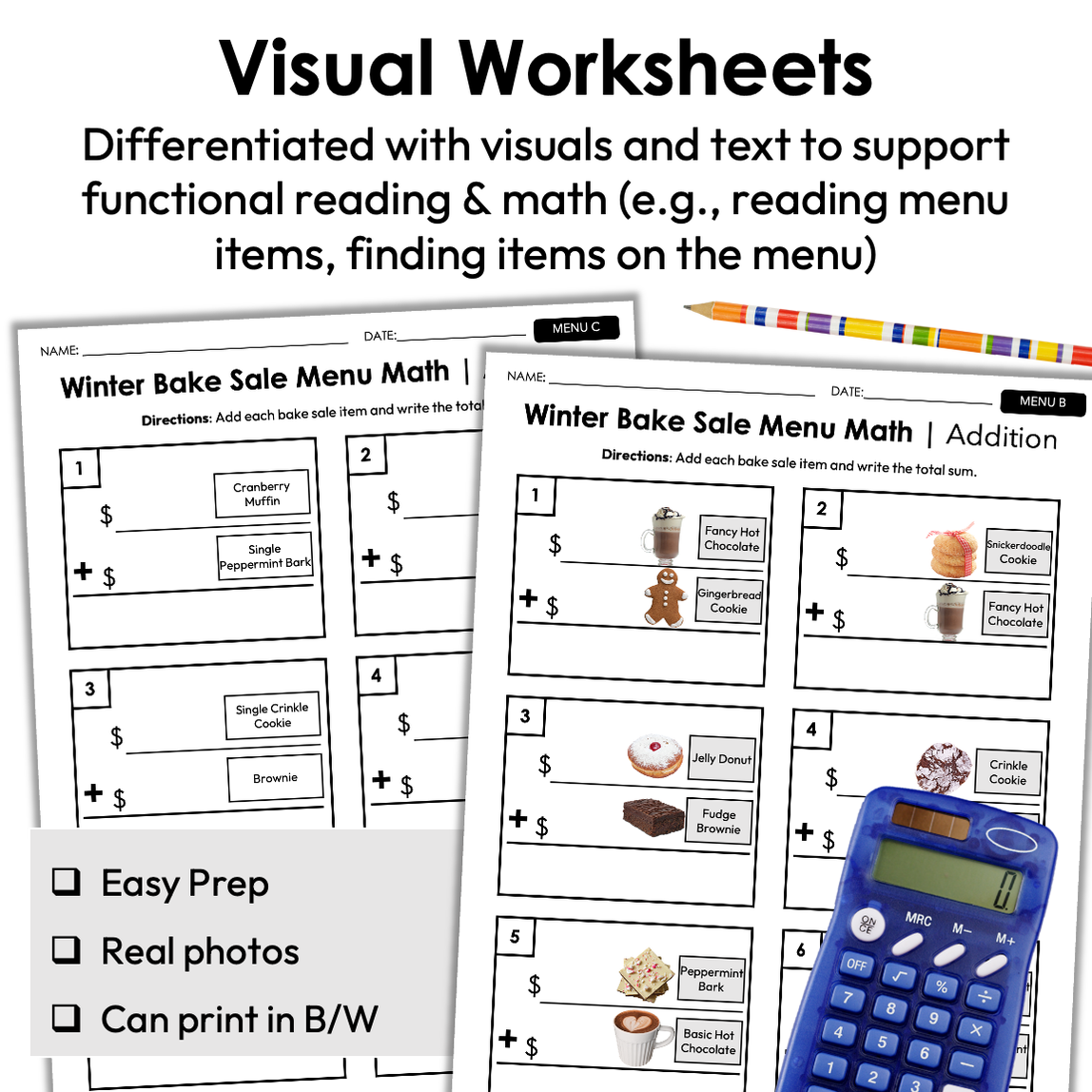 Menu Math Worksheets | Winter Bake Sale | Addition — Autism Grown Up