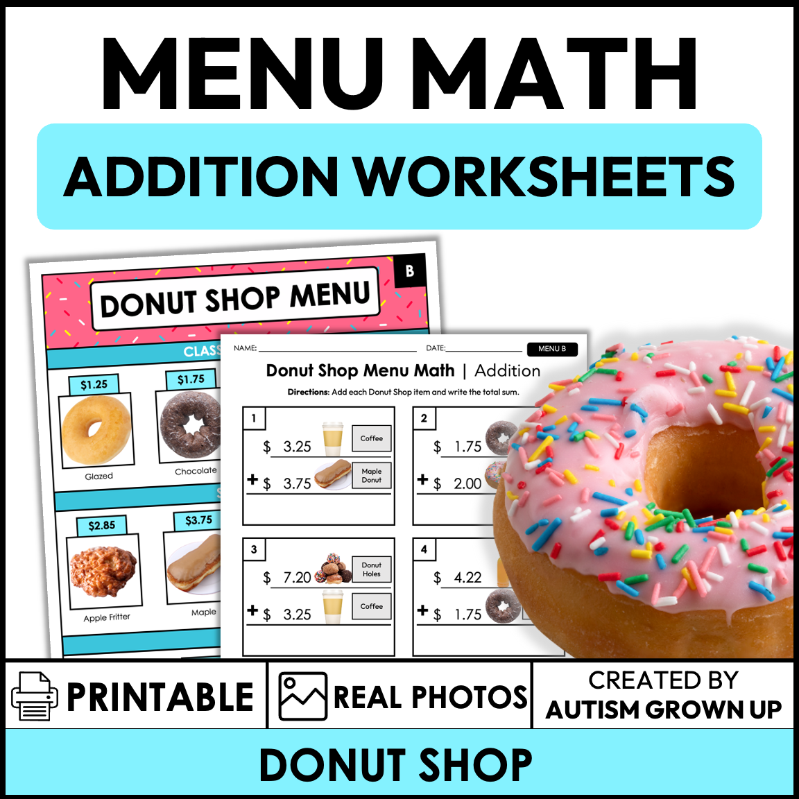 Menu Math Worksheets | Donut Shop | Addition — Autism Grown Up