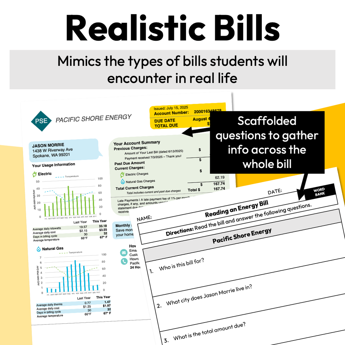 Reading Energy Bill Worksheets | Environmental Print | Life Skills Wor ...