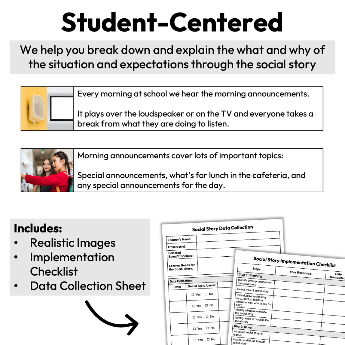 Morning Announcements | 1-Page Social Story | Elementary — Autism Grown Up