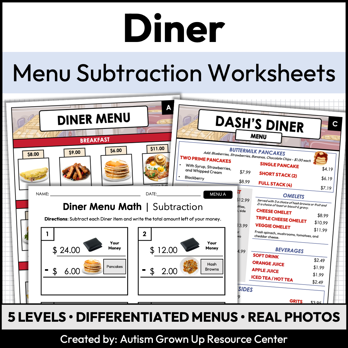 Menu Math Worksheets | Diner | Subtraction — Autism Grown Up