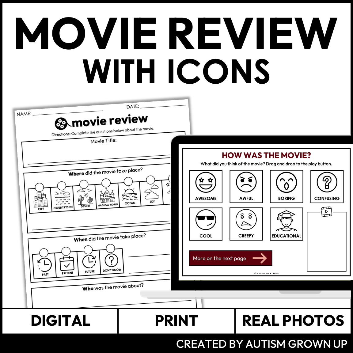 Movie Review Worksheet with Icons | Print + Digital — Autism Grown Up