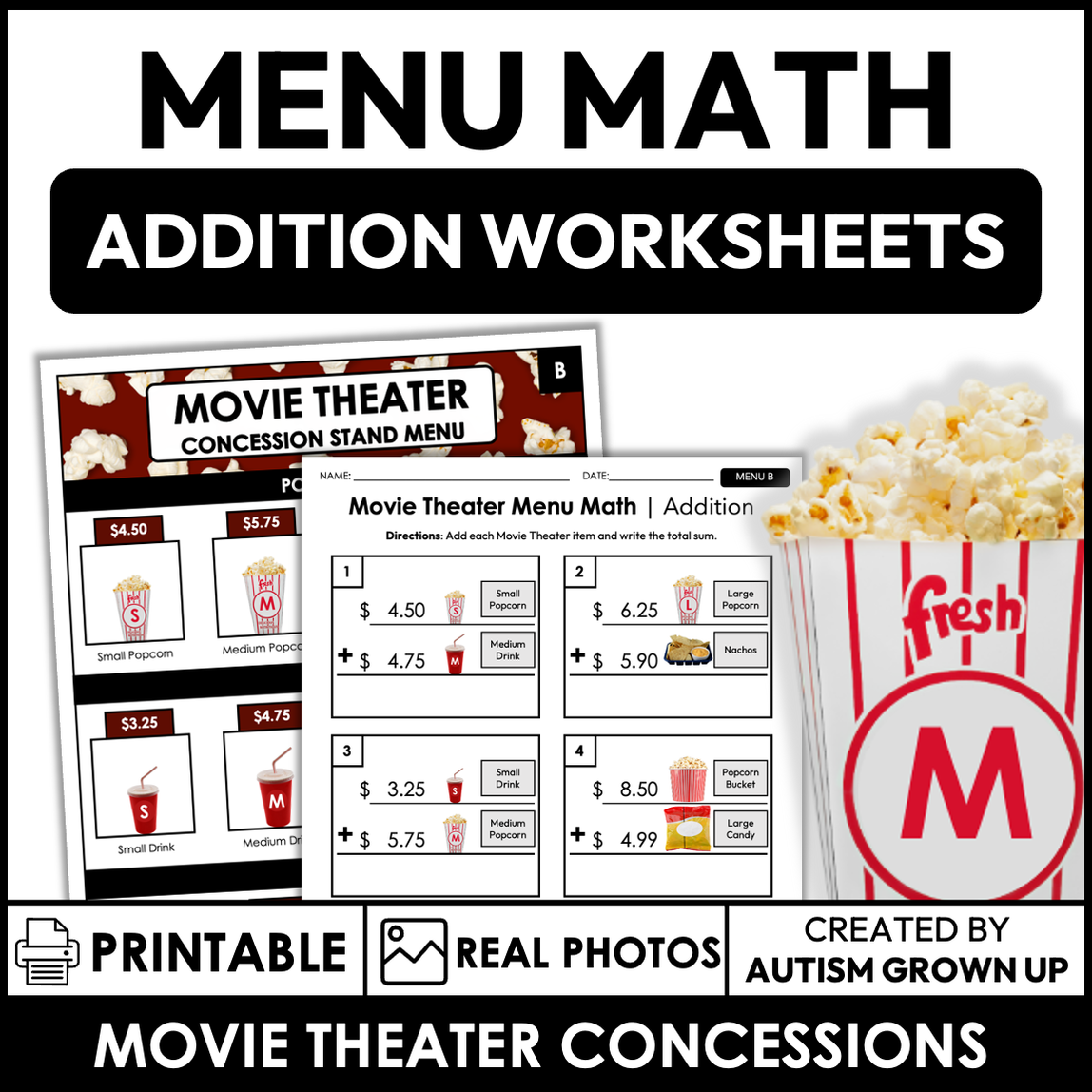 Menu Math Worksheets | Movie Theater Concession Stand | Addition ...