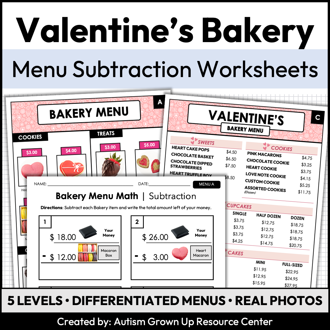 Menu Math Worksheets | Valentine's Bakery | Subtraction — Autism Grown Up