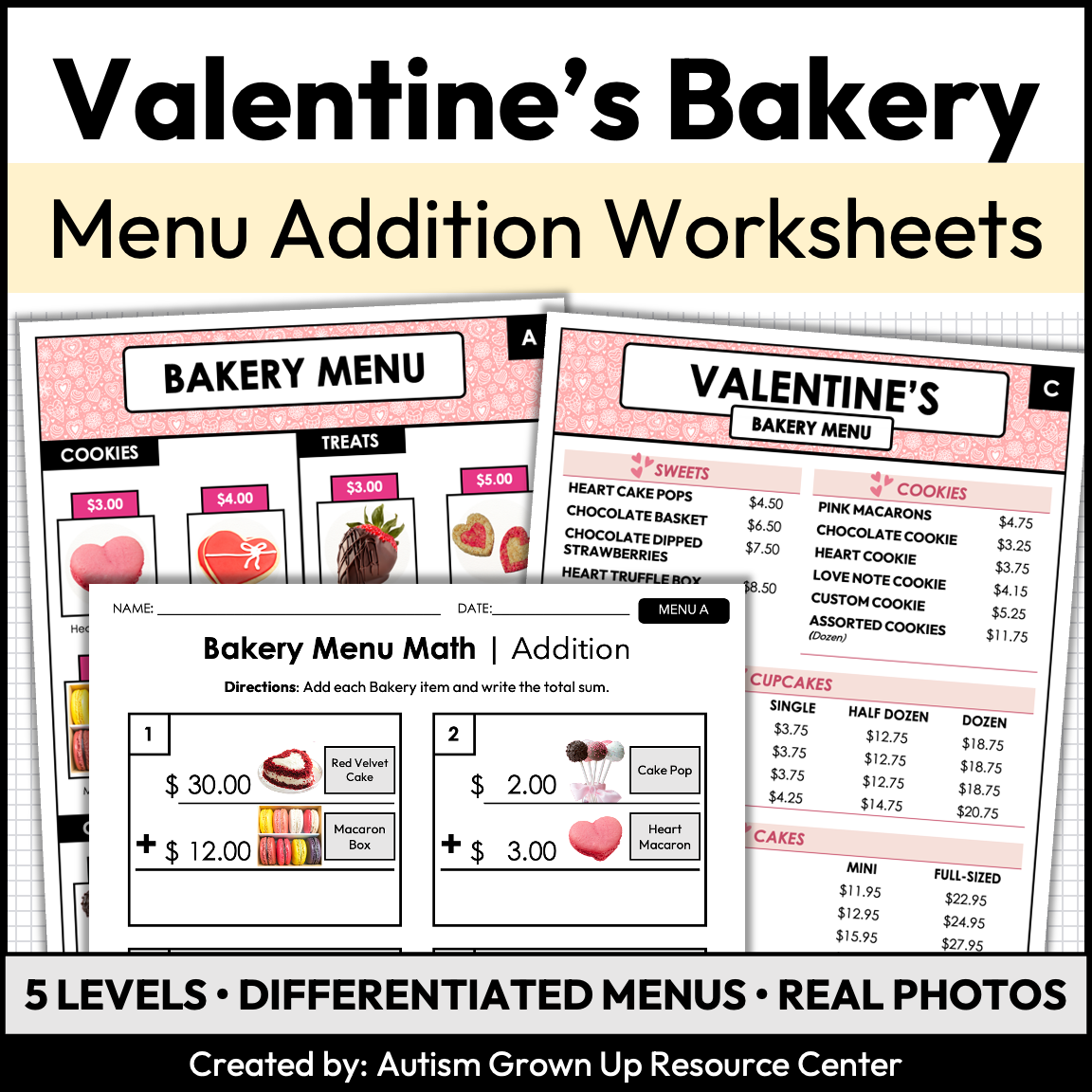 Menu Math Worksheets | Valentine's Bakery | Addition — Autism Grown Up