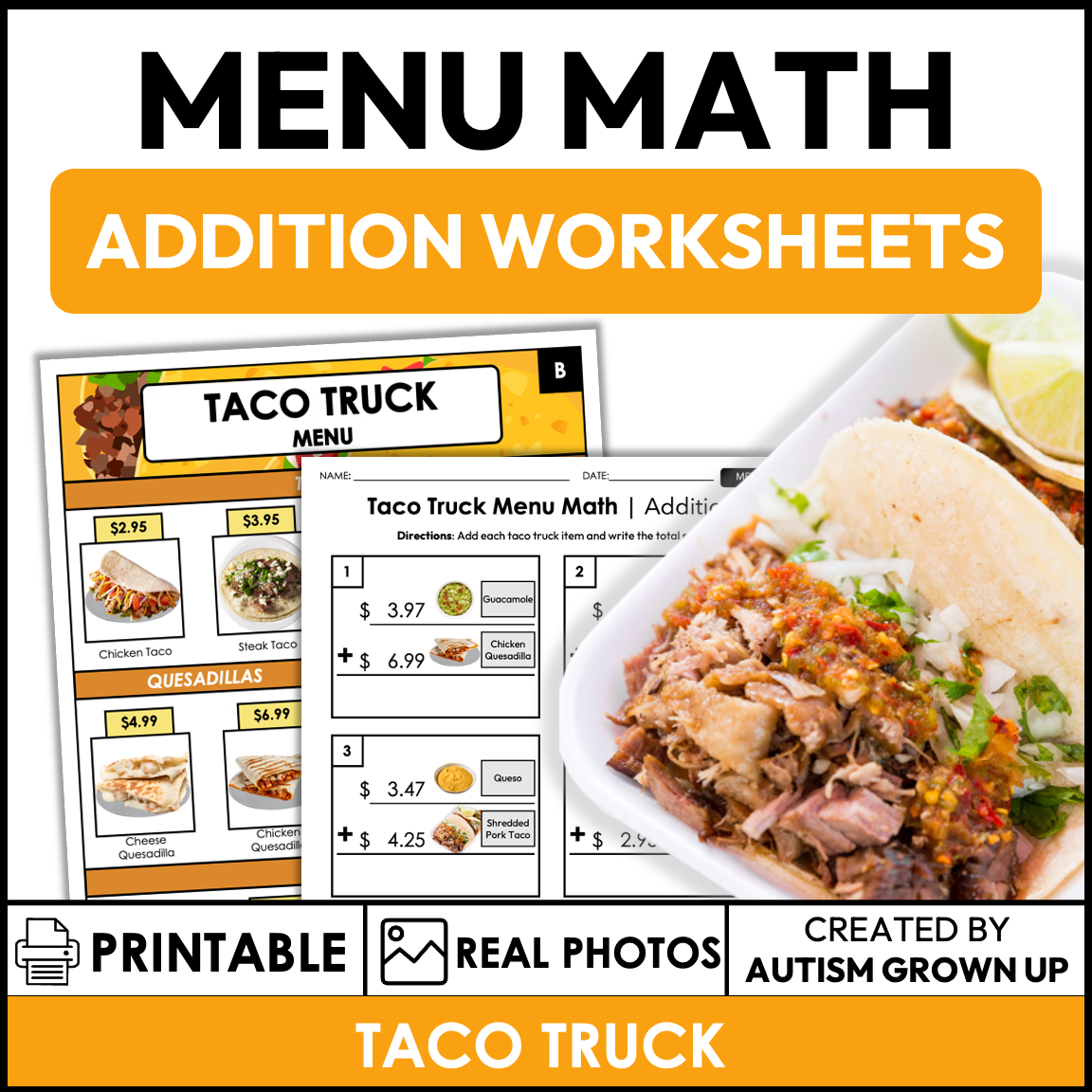 Menu Math Worksheets | Taco Truck | Addition — Autism Grown Up