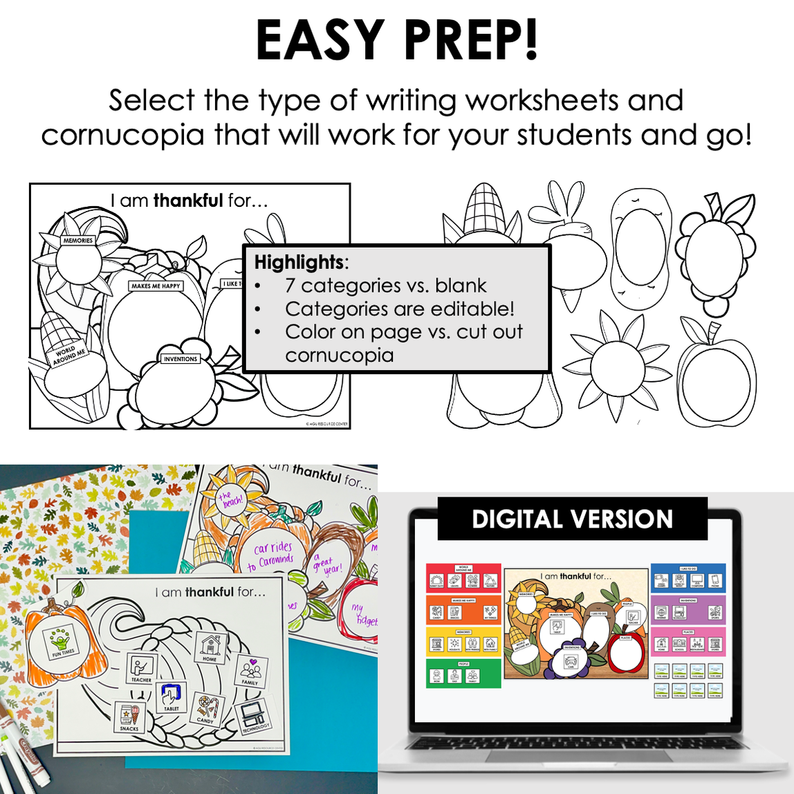 Thankful Cornucopia Craft | Differentiated Writing Levels | Digital ...