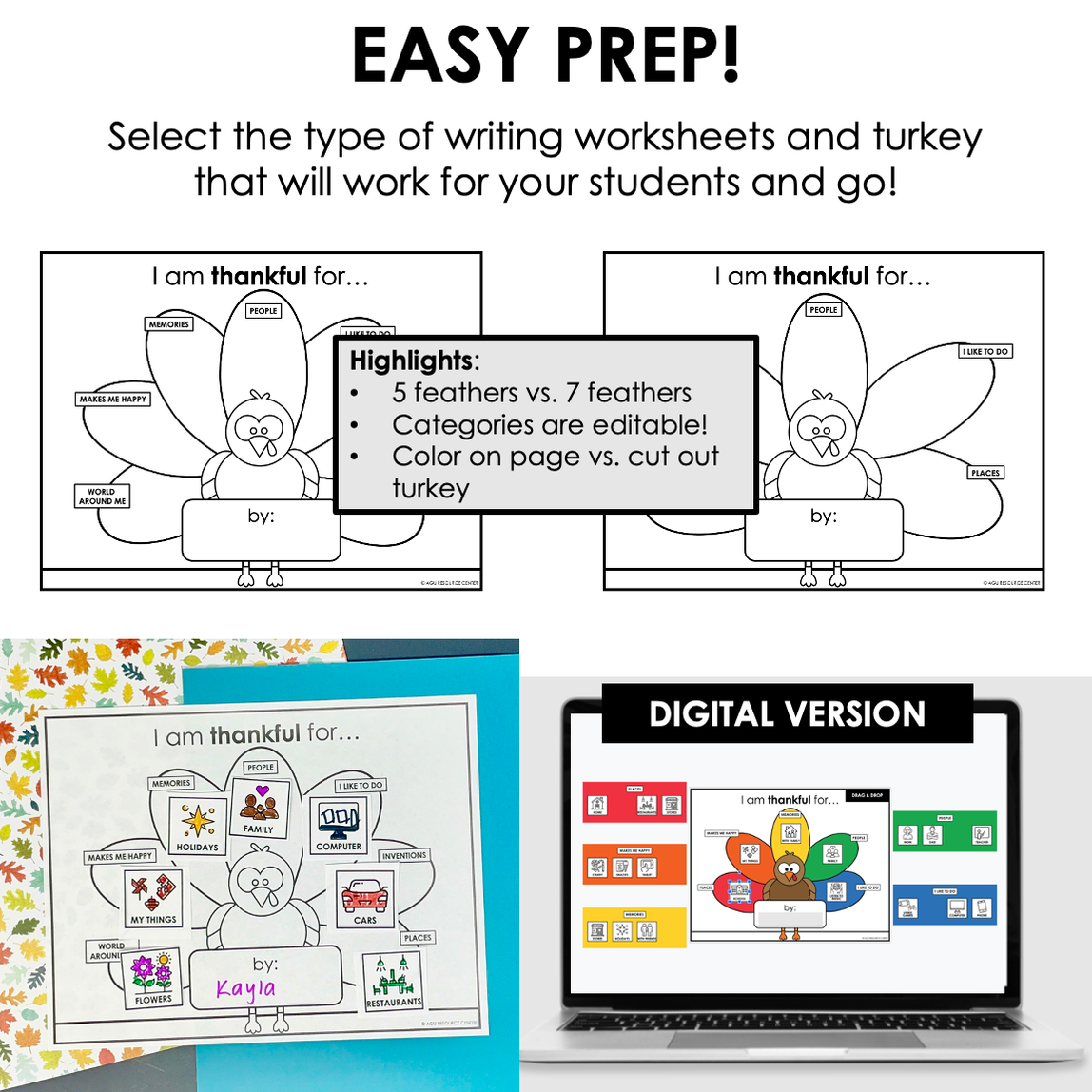 Thankful Turkey Craft | Differentiated Writing Levels | Digital + Prin ...