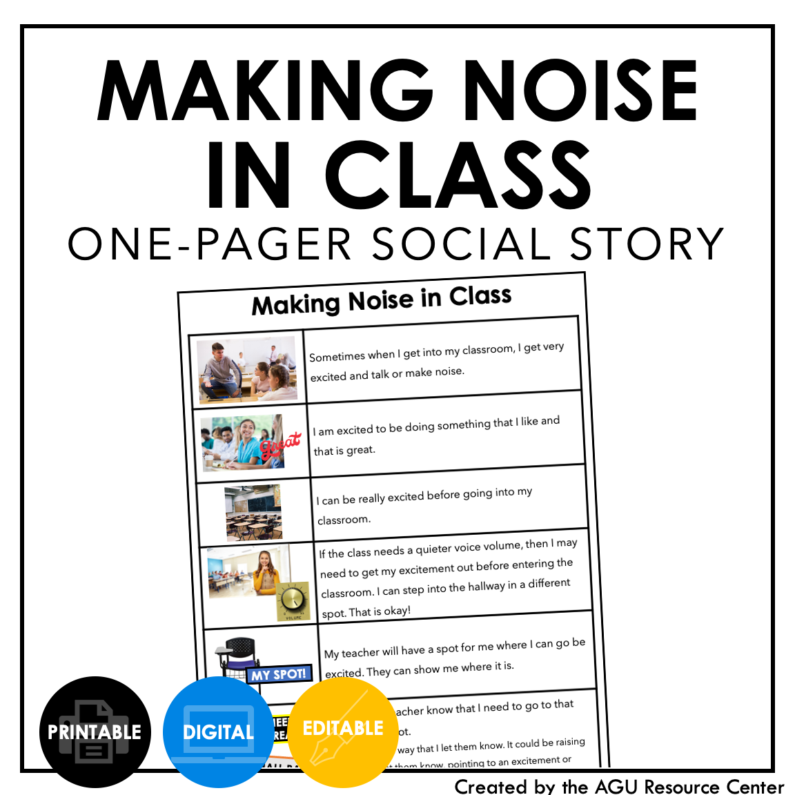 Making Noise in Class Social Story | ONE-PAGER | EDITABLE — Autism Grown Up